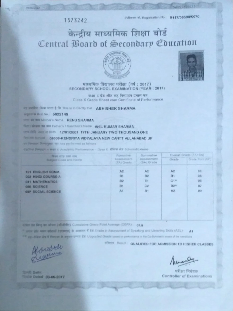 10th Grade Marks Certificate for Abhishek | PDF