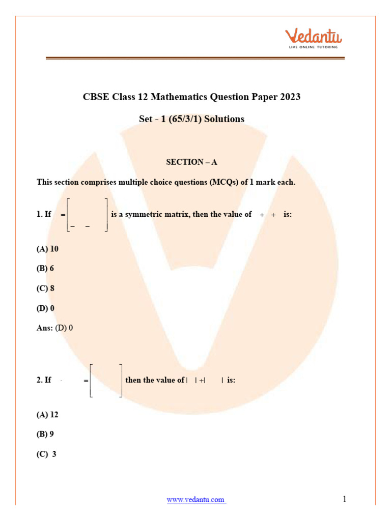 Class 12 Maths 2023 (Set-1 65-3-1) Question Paper With Solutions | PDF ...