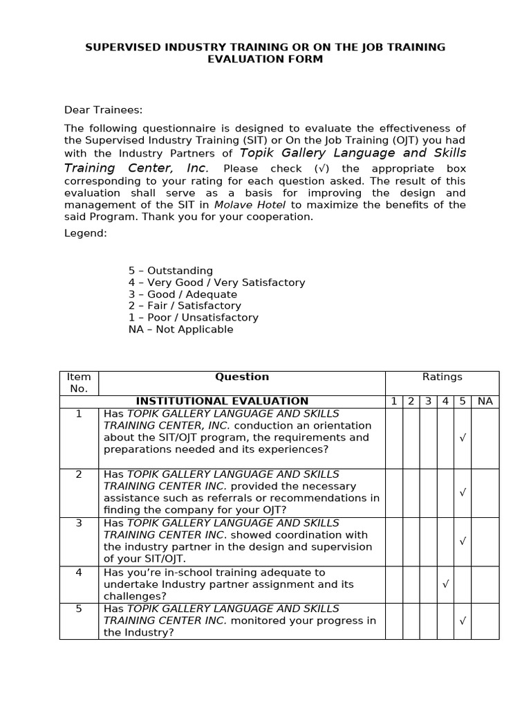 Supervised Industry Training or On The Job Training Evaluation Form | PDF