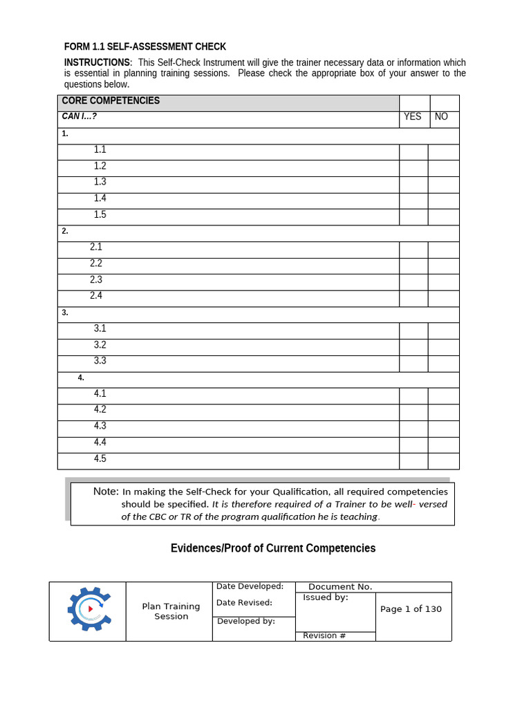 Job Sheet 1.1-7 - Trainees' Current Competencies (Template) | PDF