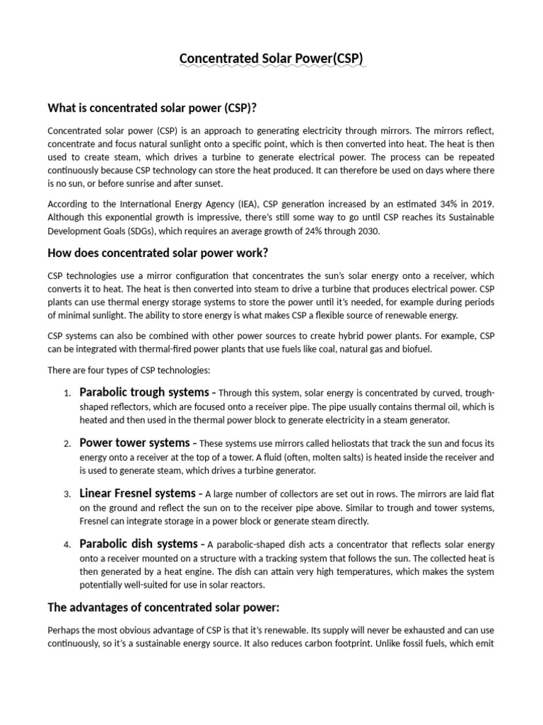 Concentrated Solar Power(CSP) Plant | PDF | Solar Energy | Solar Power