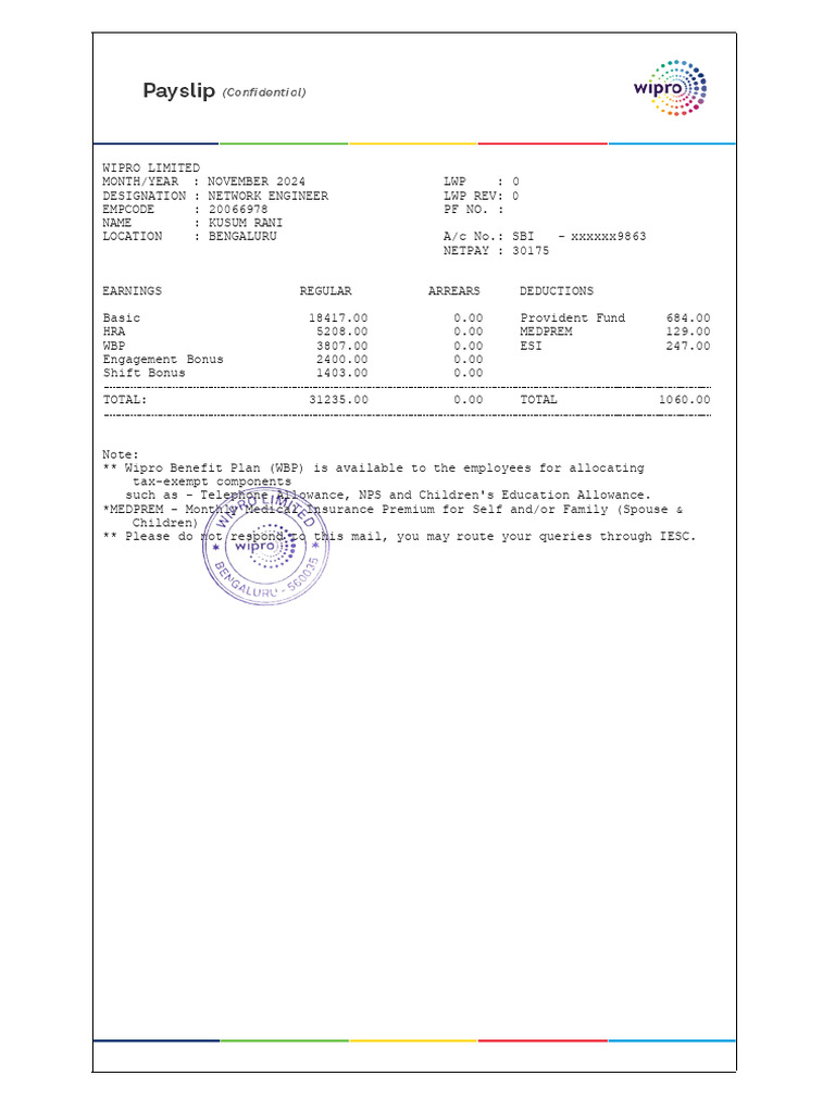 Kusum Rani Nov 2024 Payslips | PDF