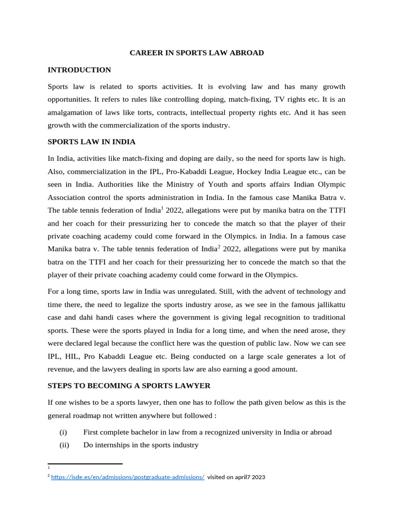 Career in Sports Law as on July 17 | PDF | Diploma | Bachelor's Degree