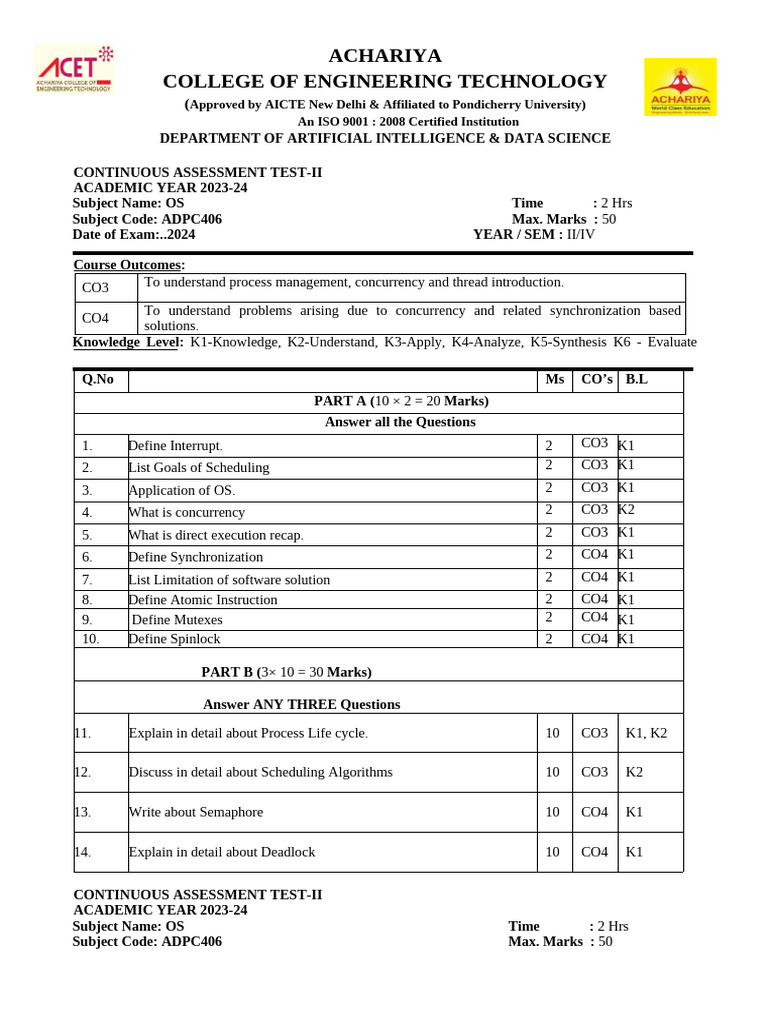CAT2 os - | PDF | Scheduling (Computing) | Process (Computing)
