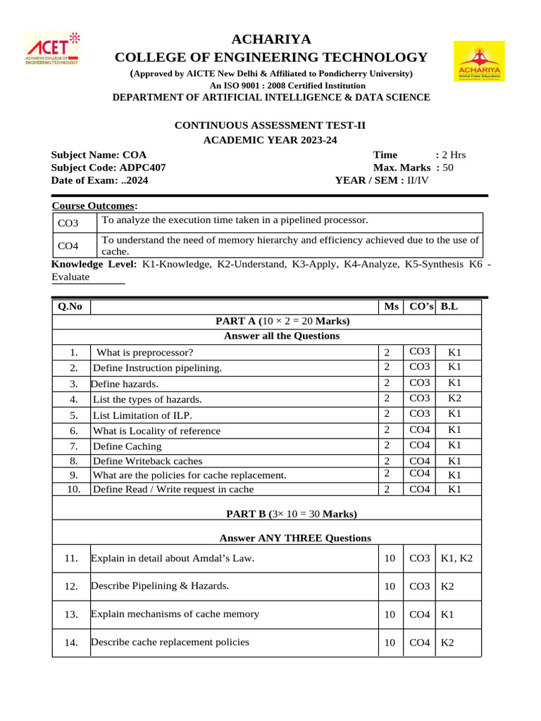 CAT2 coa | PDF | Computer Data Storage | Cpu Cache