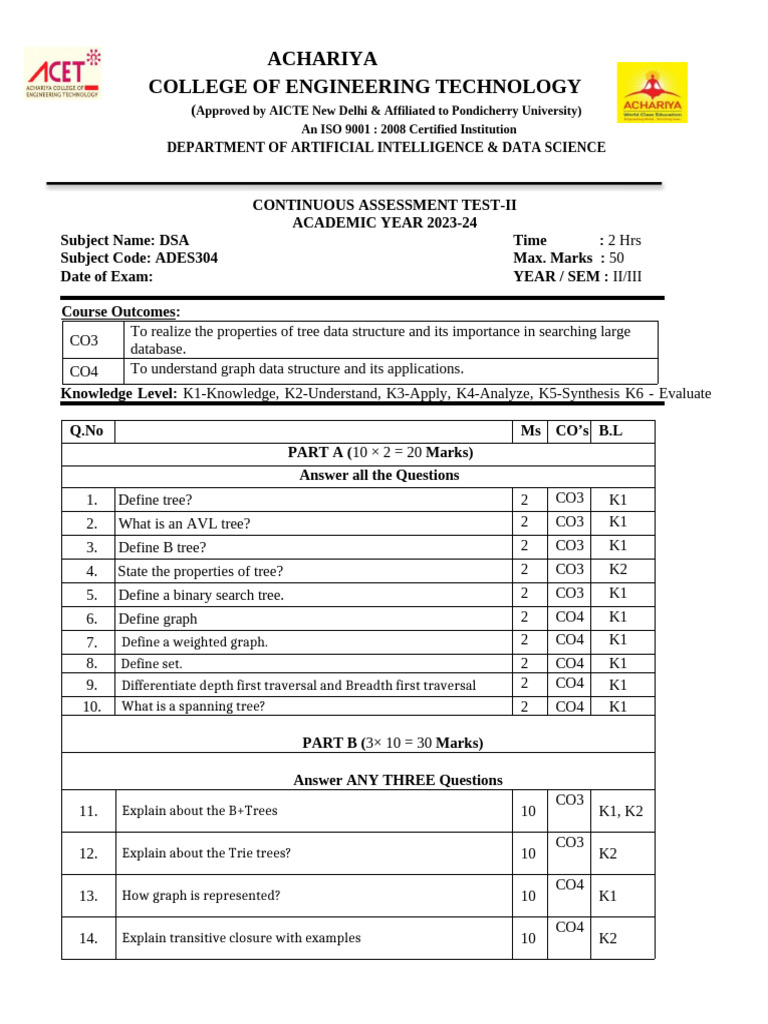 dsa cat 2 qp & kEY | PDF | Database Index | Algorithms And Data Structures