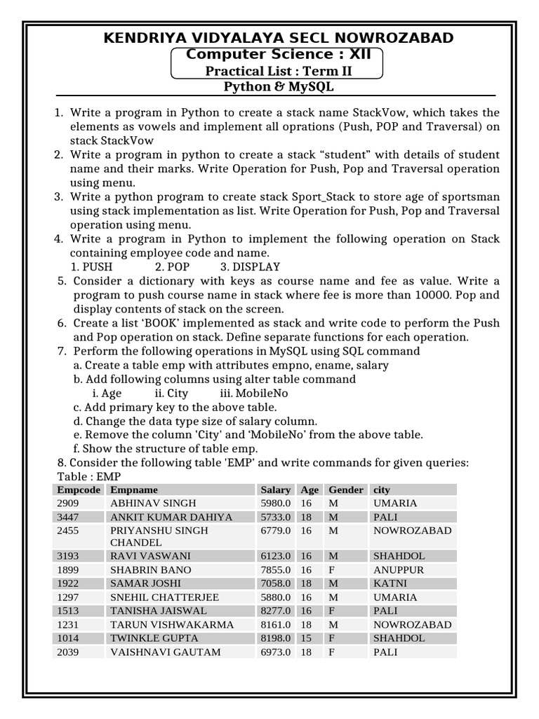 12 CS Term 2 Practical KV SECL NOWROZABAD | PDF | My Sql | Databases