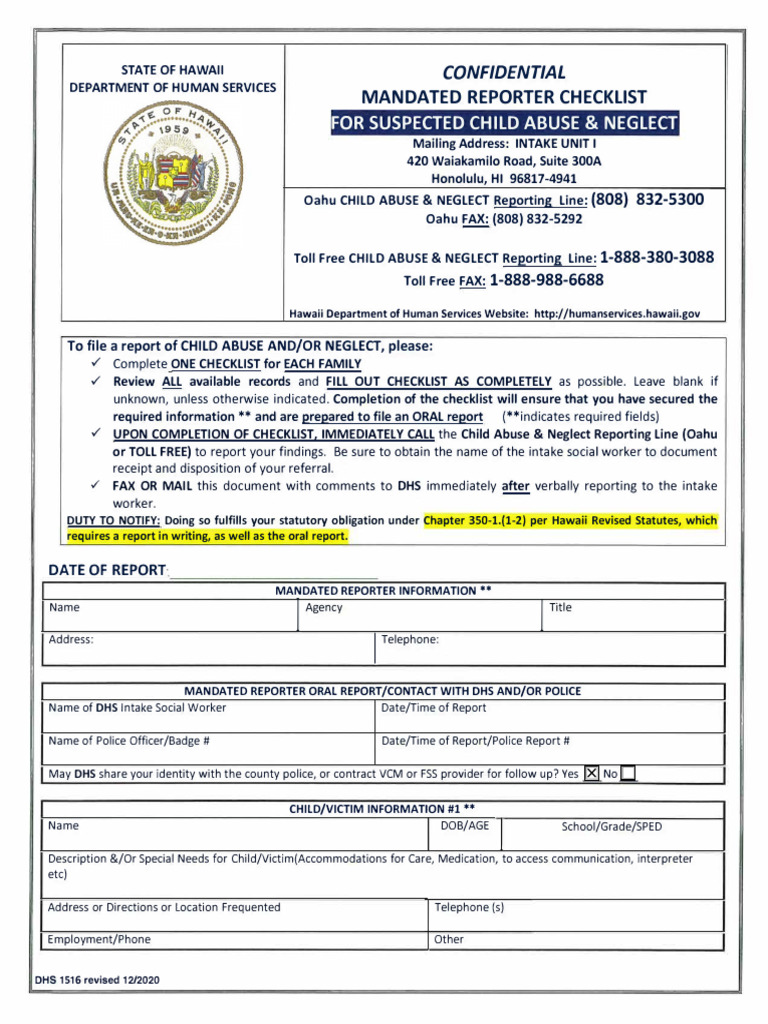 Mandated Reporter Checklist Fillable | PDF | Child Neglect | Child Abuse