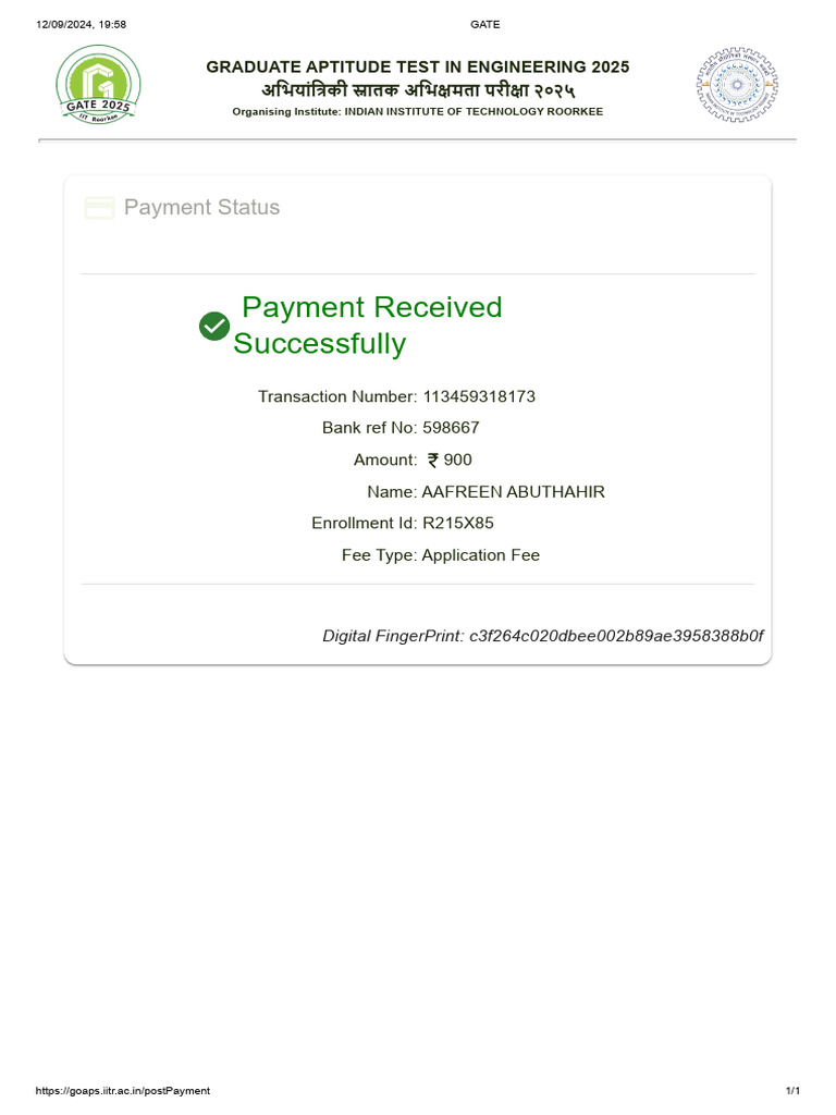 GATE 2025 Payment Confirmation | PDF