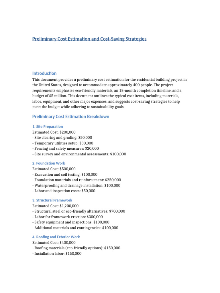 Preliminary Cost Estimation and Cost Saving Strategies | PDF | Efficient Energy Use | Wall