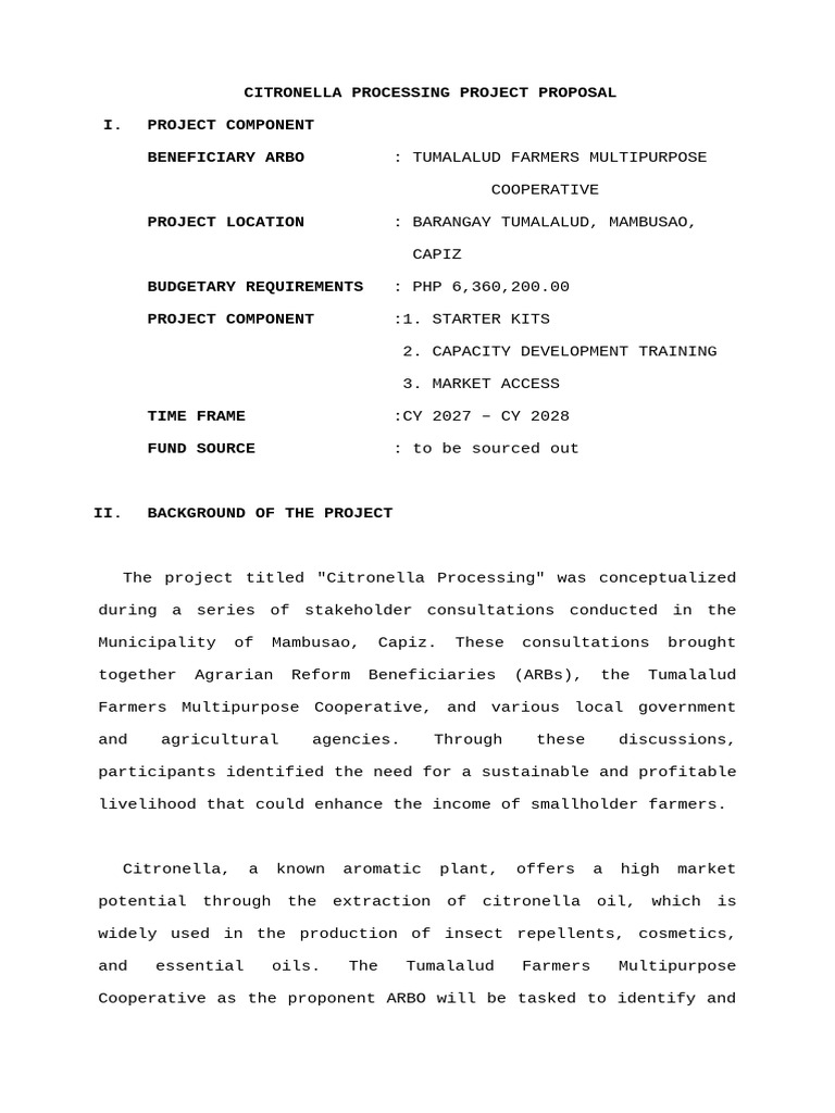 Citronella Processing Project Proposal | PDF | Agriculture | Bookkeeping