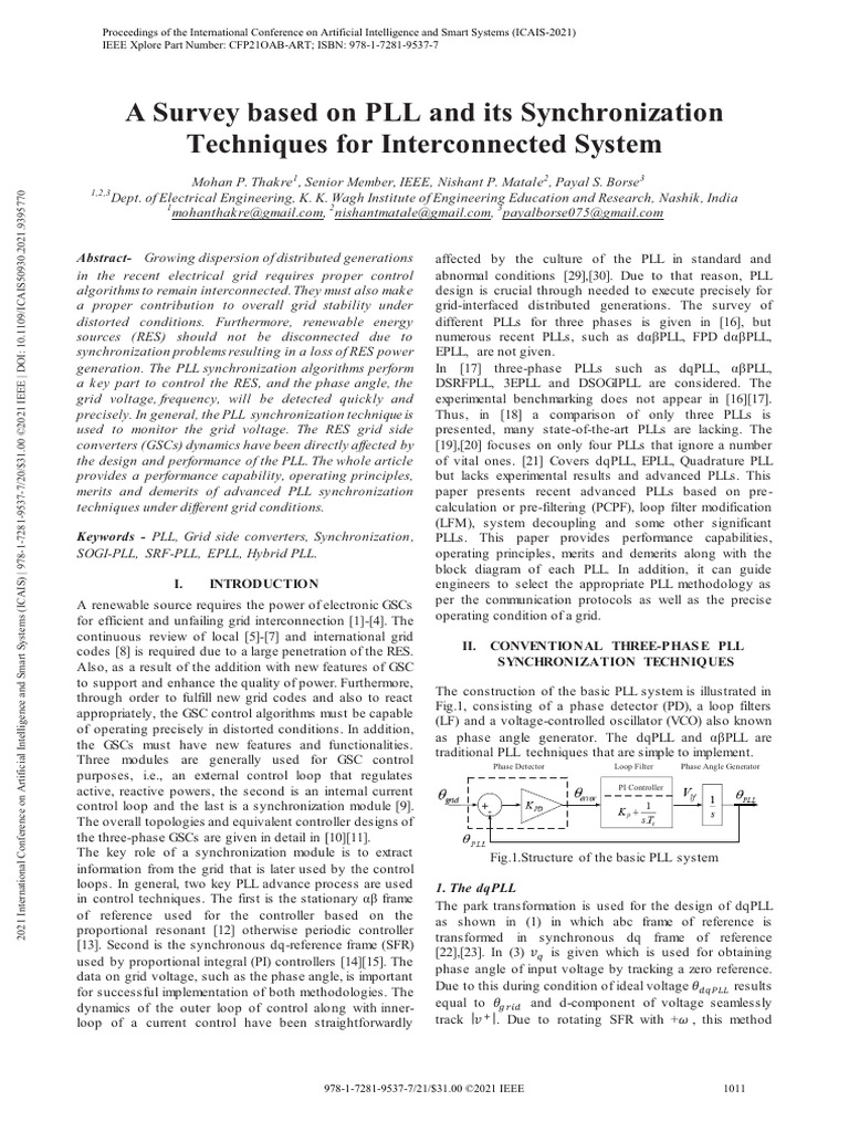 A Survey Based On PLL and Its Synchronization Techniques For Interconnected System | PDF ...