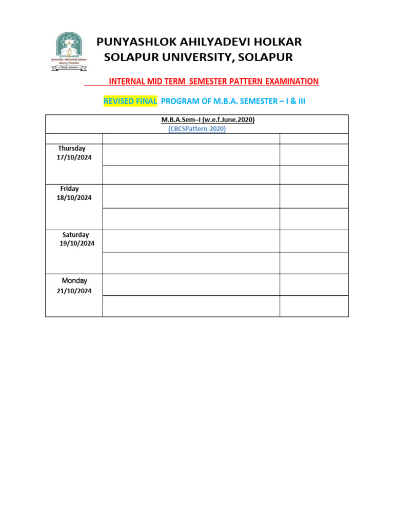 Mid Term Exam Time Table MBARevsied Final TT (15-10-2024) | PDF ...