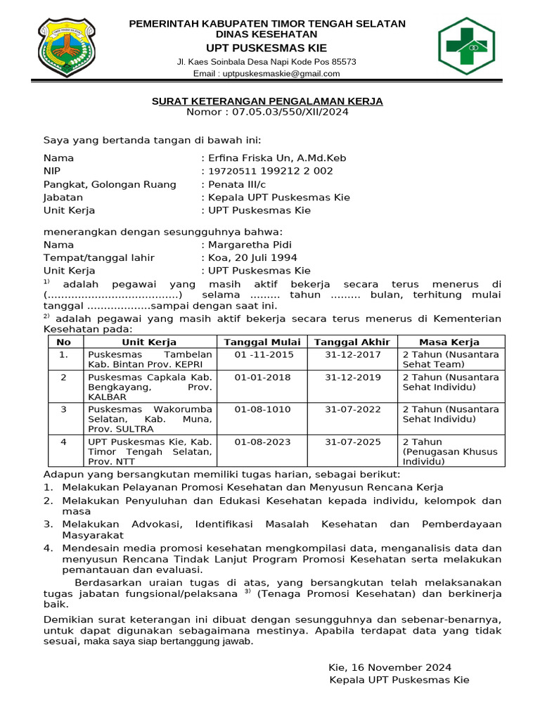Lampiran VI Format Surat Keterangan Pengalaman Kerja PPPK 2024 | PDF