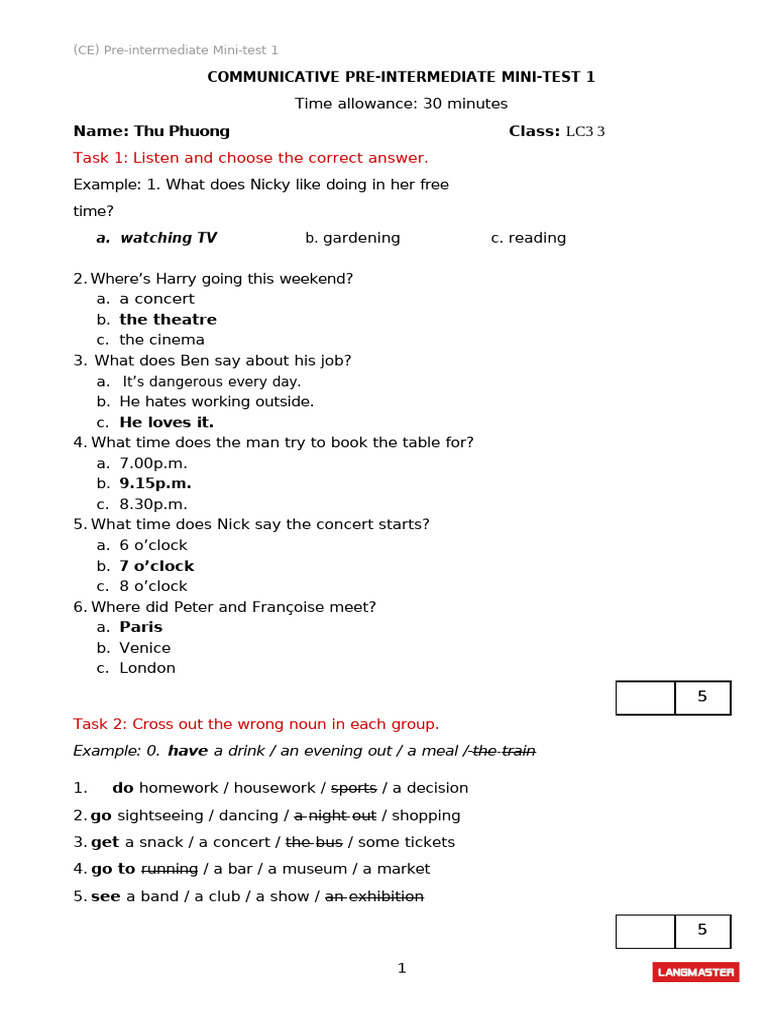 Pre-Intermediate English Mini-Test 1 | PDF