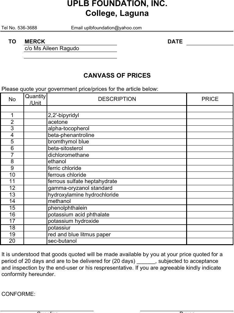 Canvass Form | PDF | Chemical Substances | Chemical Compounds