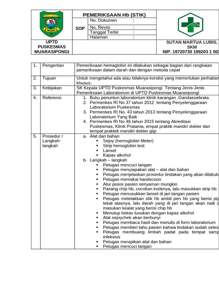 SOP PEMERIKSAAN Hb STIK OK | PDF