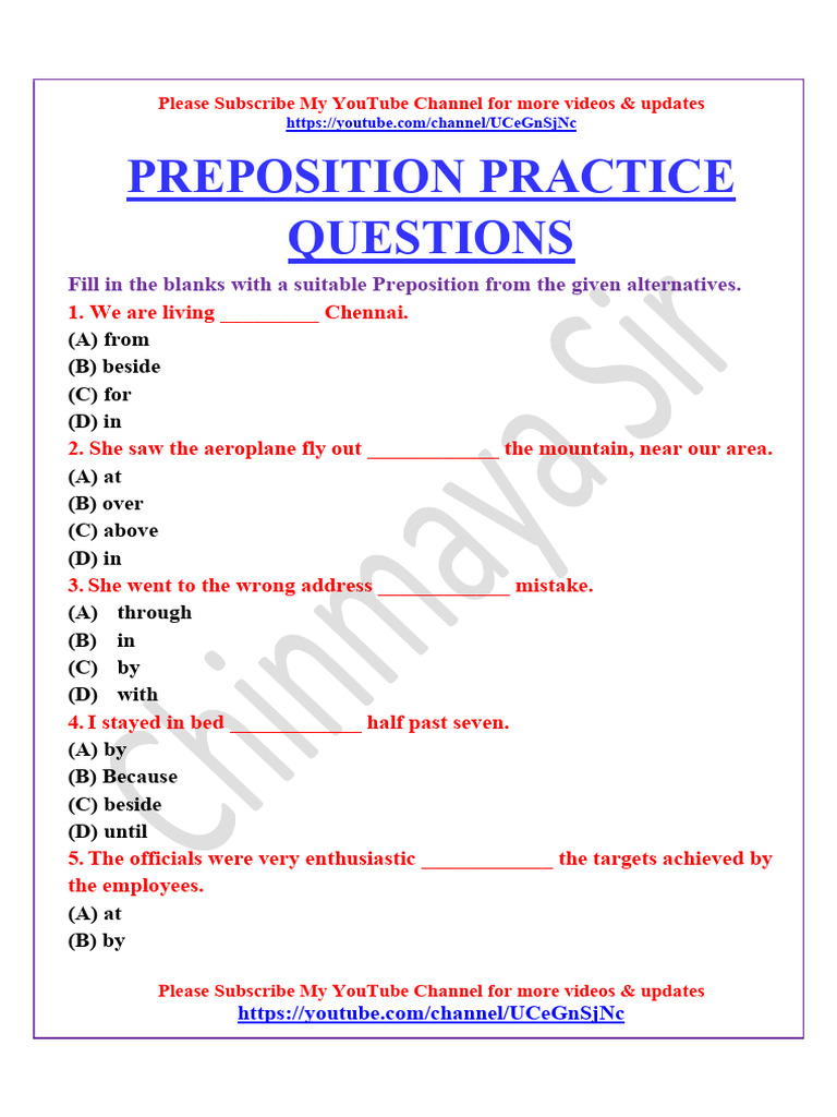 Prepositions PYQ For Practice | PDF | You Tube