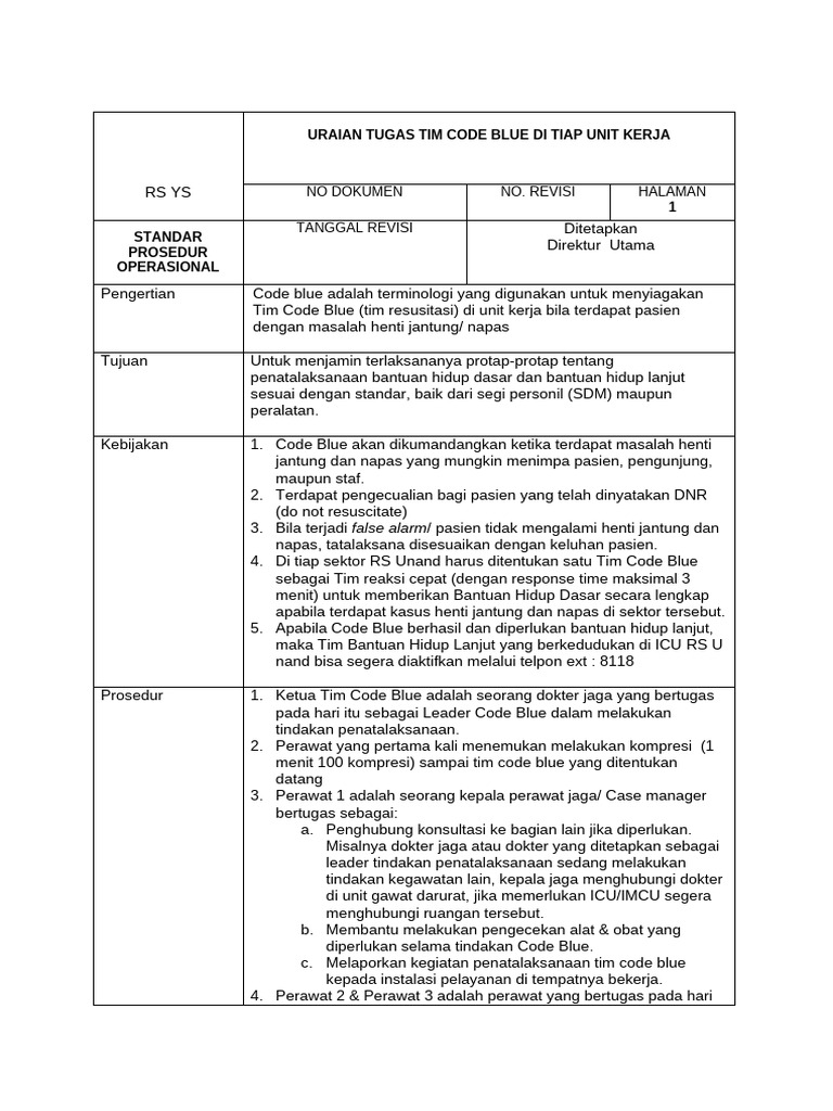 SOP Uraian Tugas Tim Code Blue | PDF