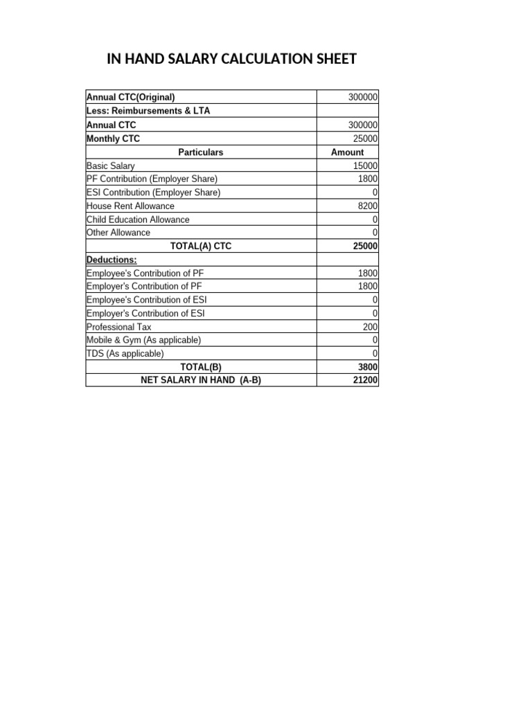 In Hand Reimburse Salary Calculation Sheet | PDF | Salary | Employment