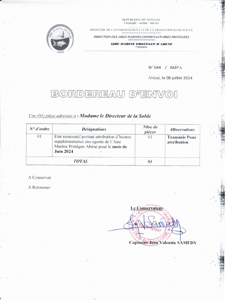 Bordereau Envoi HS Juin 2024 AMP Abéné | PDF