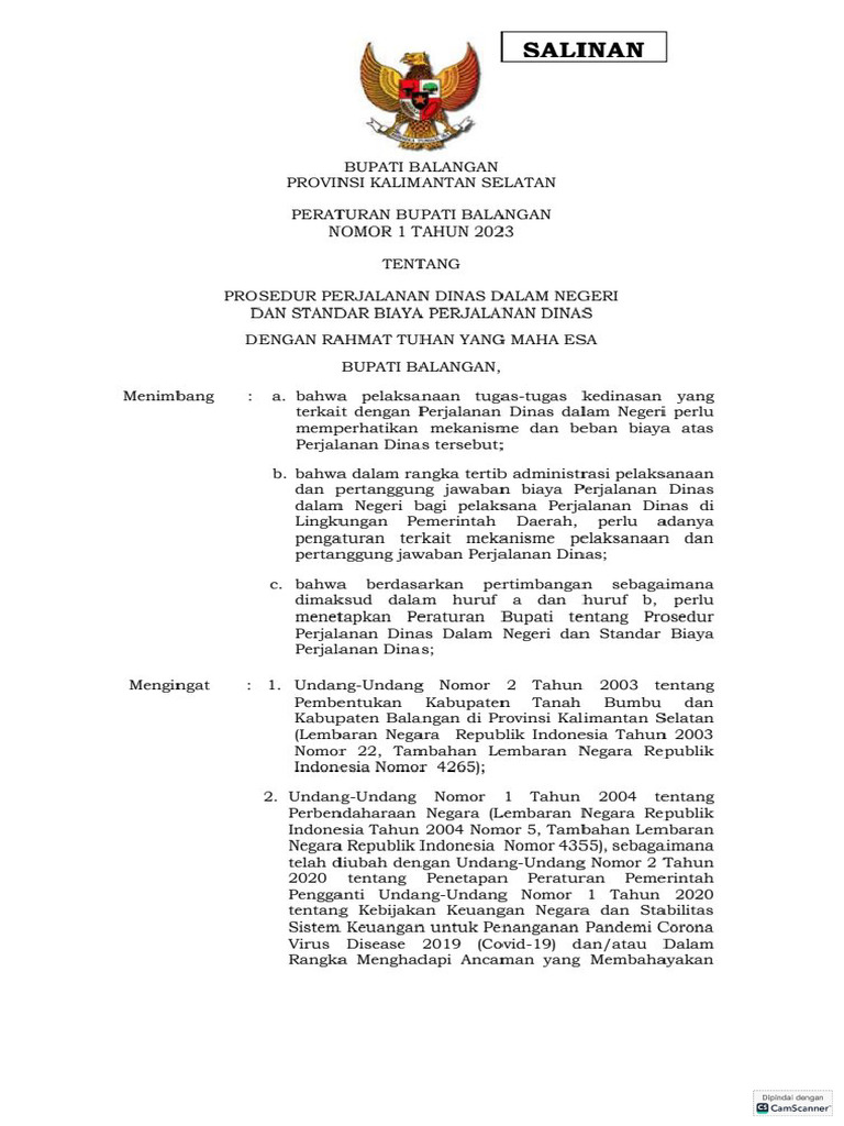 Perbup No 1 Prosedur Perjalanan Dinas Dalam Negeri Dan Standar Biaya Perjalanan Dinas | PDF