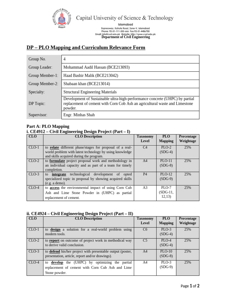 PLO Mapping and Curriculum Relevance Form - Group 4 | PDF | Concrete ...