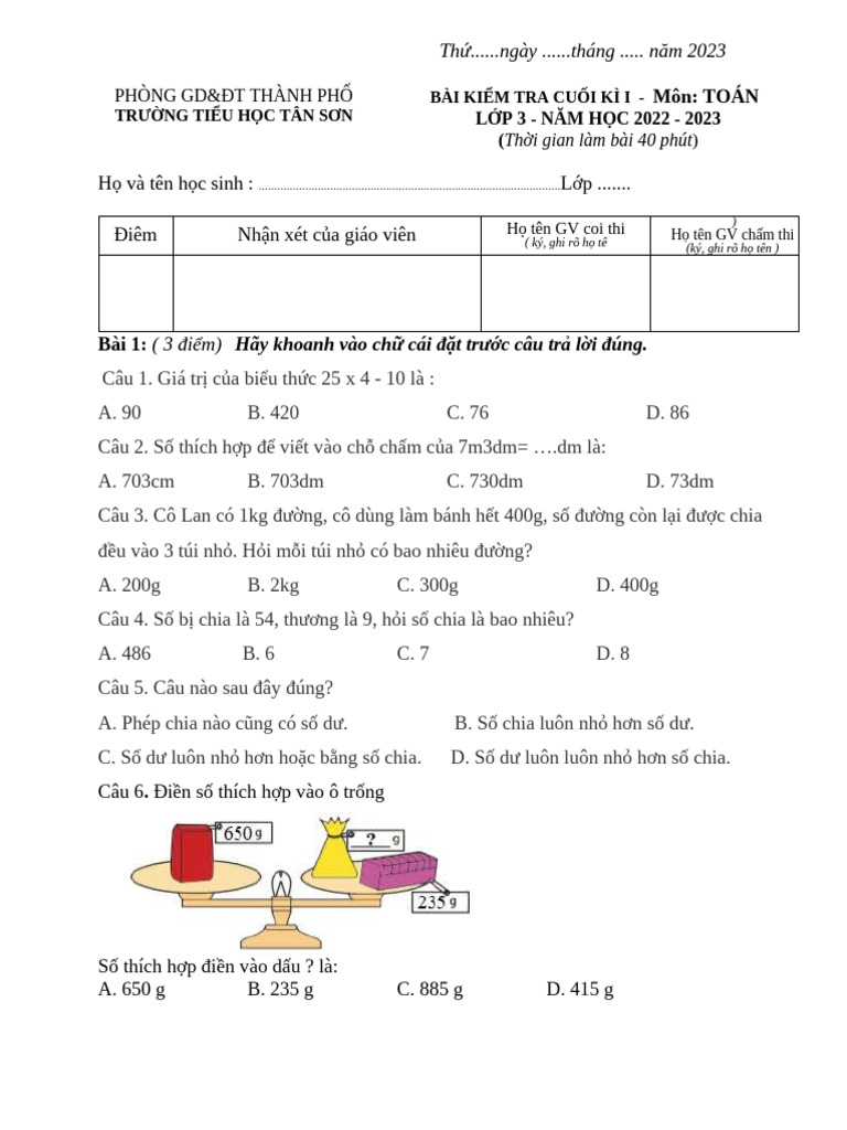 ĐỀ HKI-Toán3 | PDF