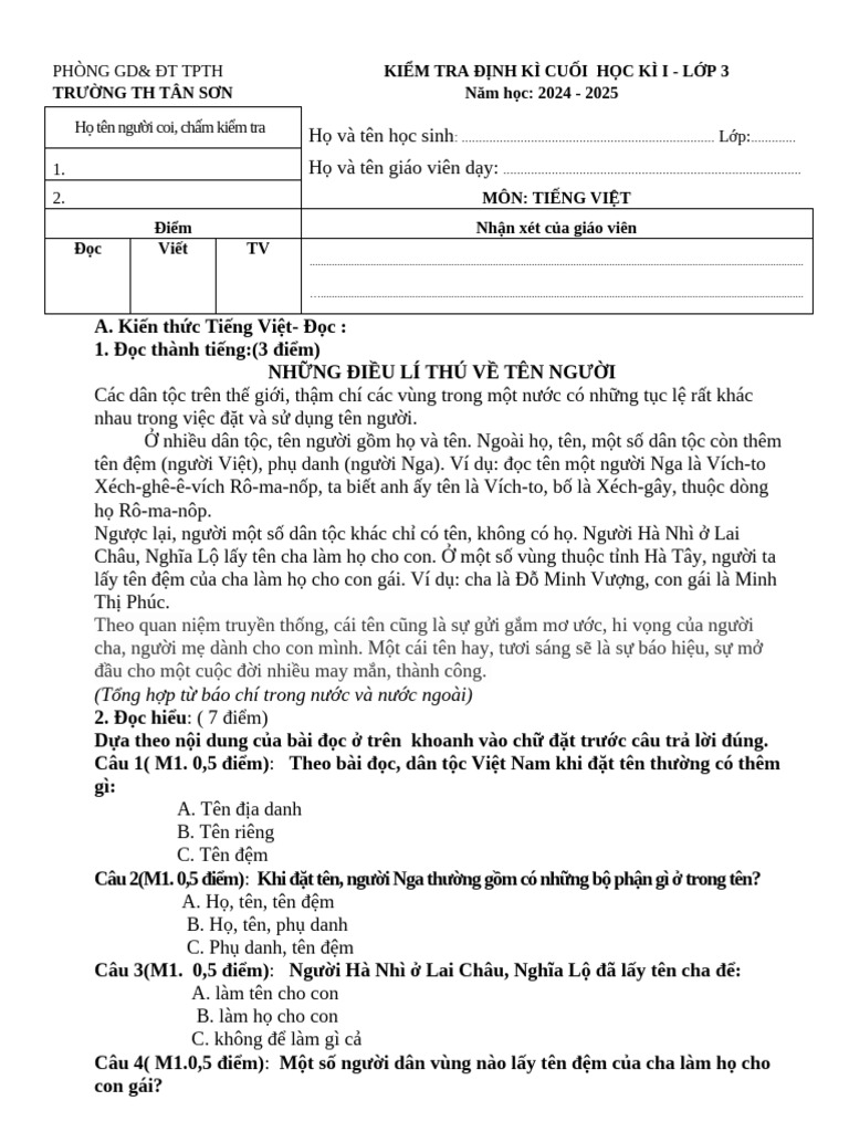 Để Kiểm Tra Định Kì Hki - Môn TV 3. NH 2023 - 2024 | PDF