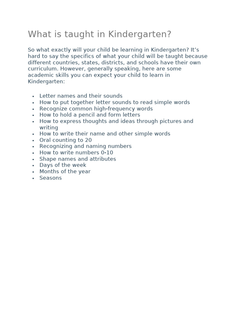 What Is Taught in Kindergarten | PDF
