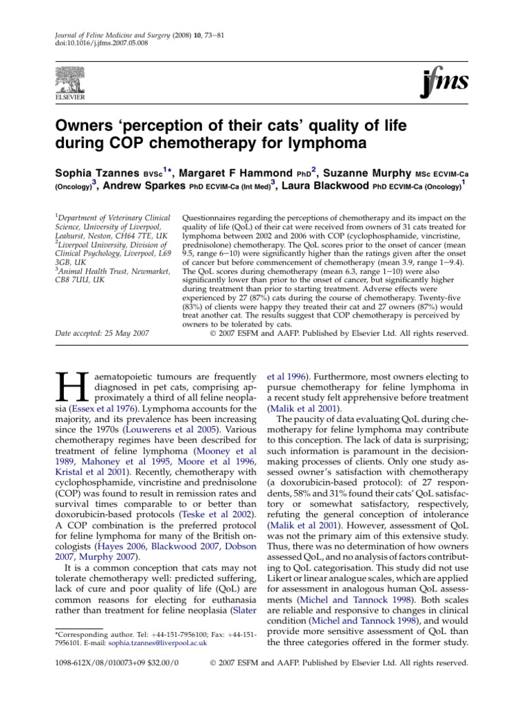 Tzannes Et Al 2008 Owners Perception of Their Cats Quality of Life ...
