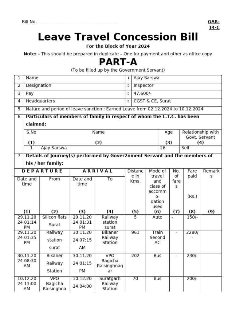 Form Leave LTC Bill | PDF | Public Transport | Transport