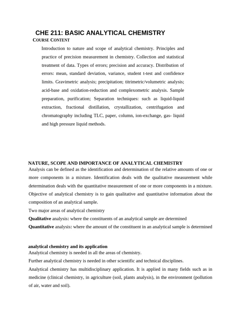 CHE 211 Lecture 1 and 2 | PDF | Analytical Chemistry | Accuracy And Precision