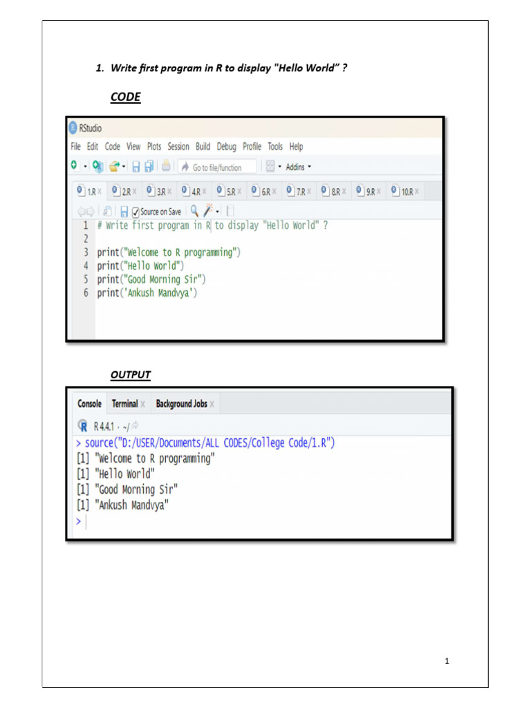 Write First Program in R To Display "Hello World" ? | PDF