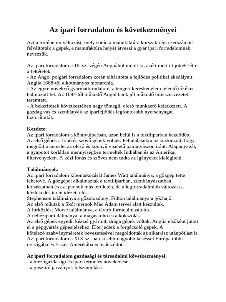 Az ipari forradalom és következményei | PDF