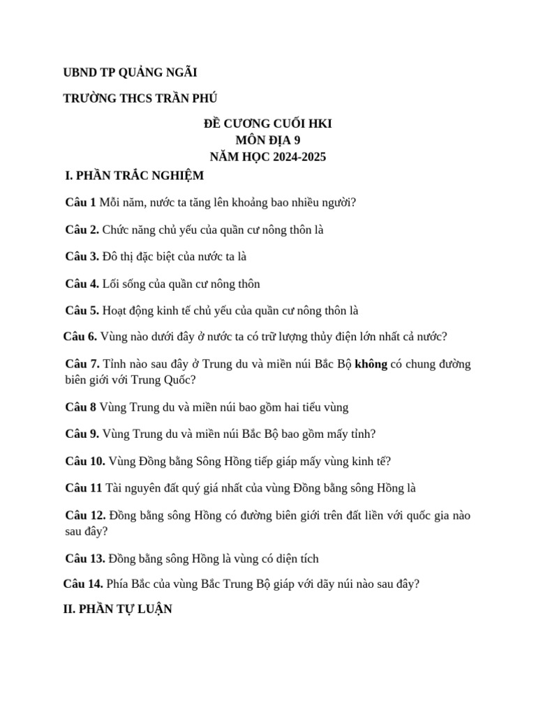 ĐỀ CƯƠNG ĐỊA 9 CKI | PDF