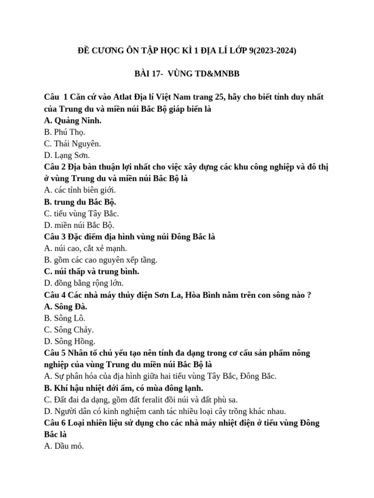 ĐỀ CƯƠNG ÔN TẬP HK1 Đ9(2023-2024)VÙNG TDMNBB,ĐBSH(1) | PDF