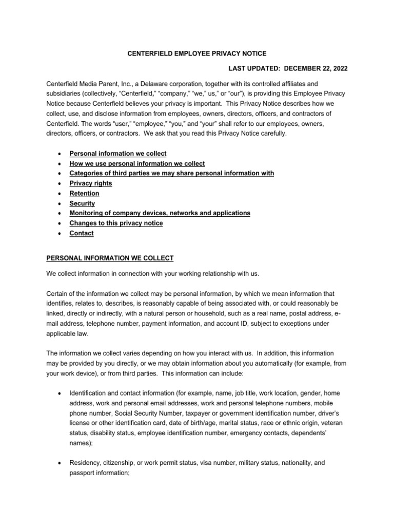 Centerfield Employee Privacy Notice - Dec 22 2022 | PDF | Employment ...