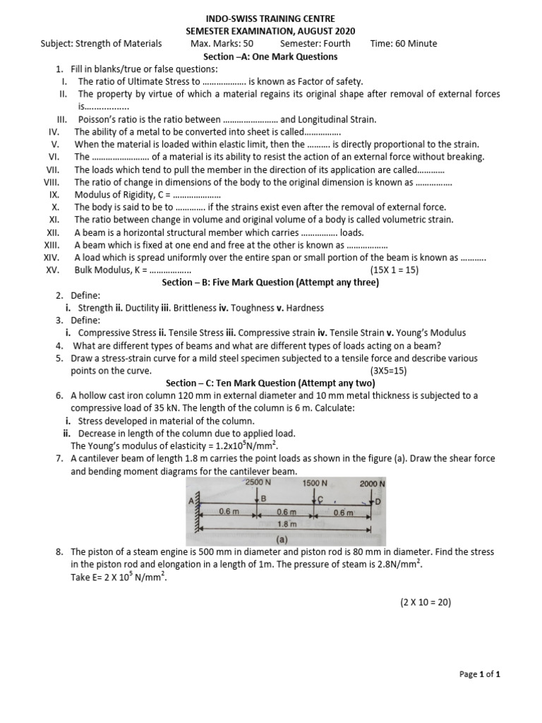 Question Paper | PDF | Deformation (Engineering) | Young's Modulus
