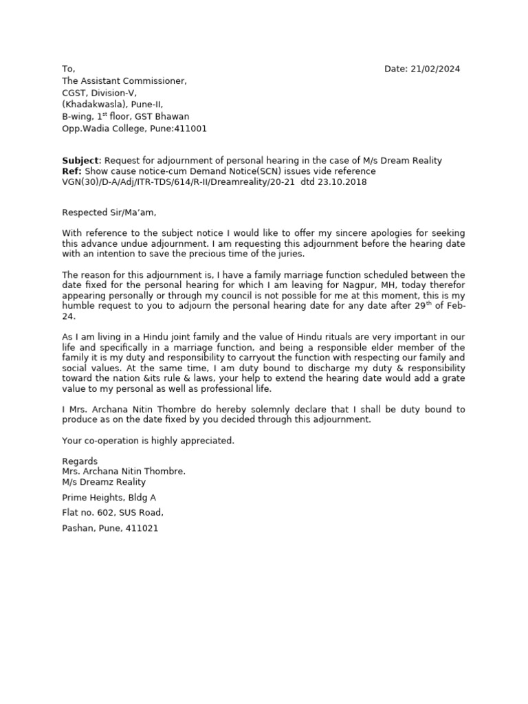 Adjournment Letter | PDF