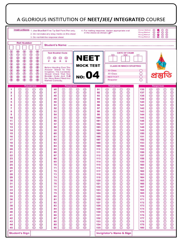 OMR SHEET FOR NEET 180 Q-1 | PDF OMR SHEET FOR NEET 180 Q-1 | PDF