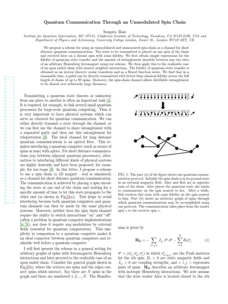 Quantum Communication via Spin Chains | PDF | Quantum Entanglement ...