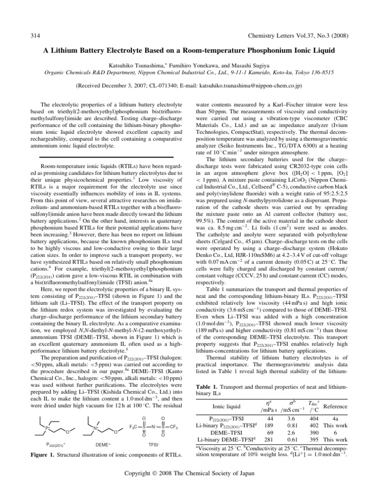 A Lithium Battery Electrolyte Based On A Room-Temperature Phosphonium ...