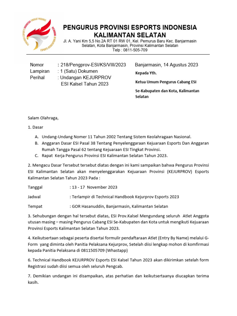 219 - Surat Undangan Keikutsertaan Kejurprov ESI 2023 Pengcab ESI Kalsel | PDF