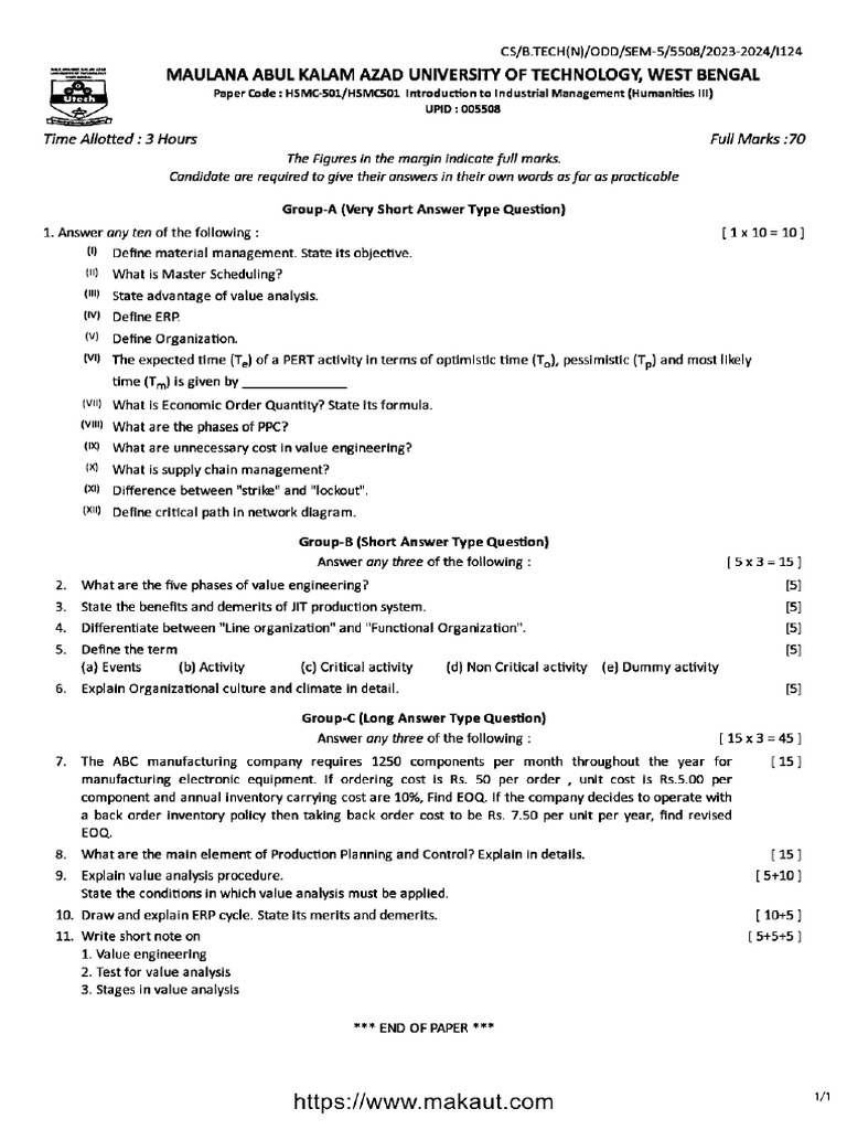 Btech HSMC 5 Sem Introduction To Industrial Management Humanities 3 HSMC 501 2024 | PDF