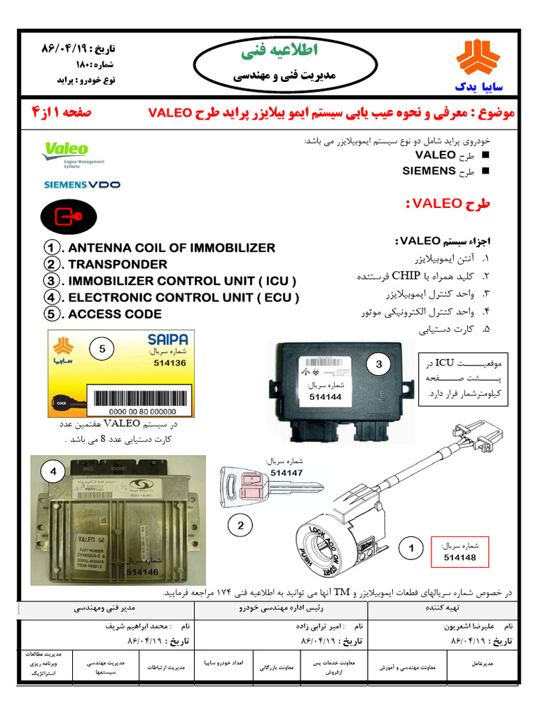 61-اطلاعيه فني پرايد و x100 - معرفي و نحوه عيب يابي سيستم ايموبيلايزر طرح Valeo | PDF