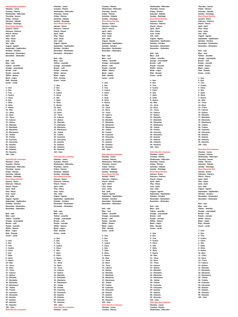Days, Months, Colors, & Numbers | PDF | Amarillo | Rojo