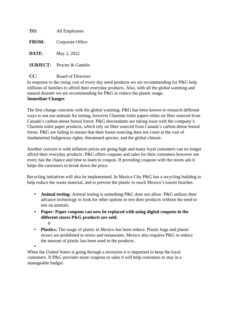 UOPX Business Memo Template | PDF | Procter & Gamble | Environment