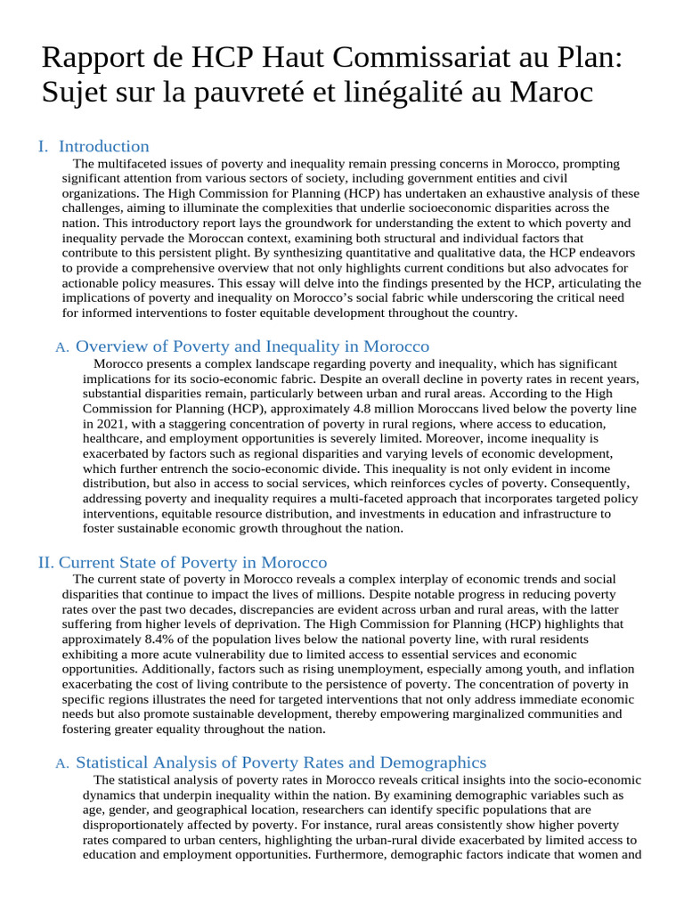 Rapport de HCP Haut Commissariat Au Plan Sujet Sur La Pauvret Et Lin ...