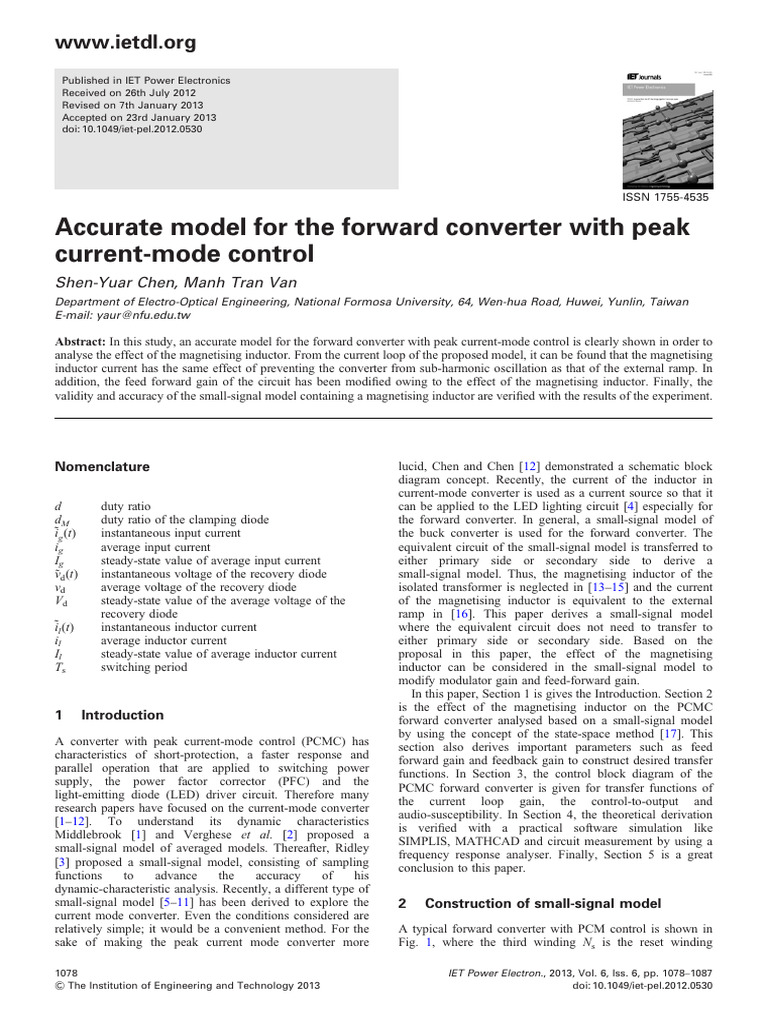 Accurate model for the forward converter with peak current‐mode control ...